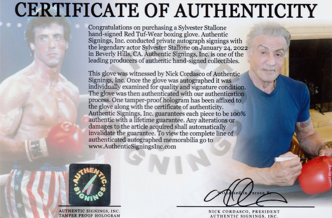 Sylvester Stallone Autographed ROCKY IV Red Tuf Wear Boxing Glove ...