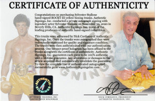 Sylvester Stallone Autographed ROCKY III Boxing Trunks – Authentic Signings